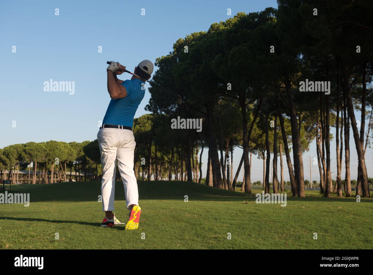 handsome sporty man, golf player hitting shot with club on course at ...