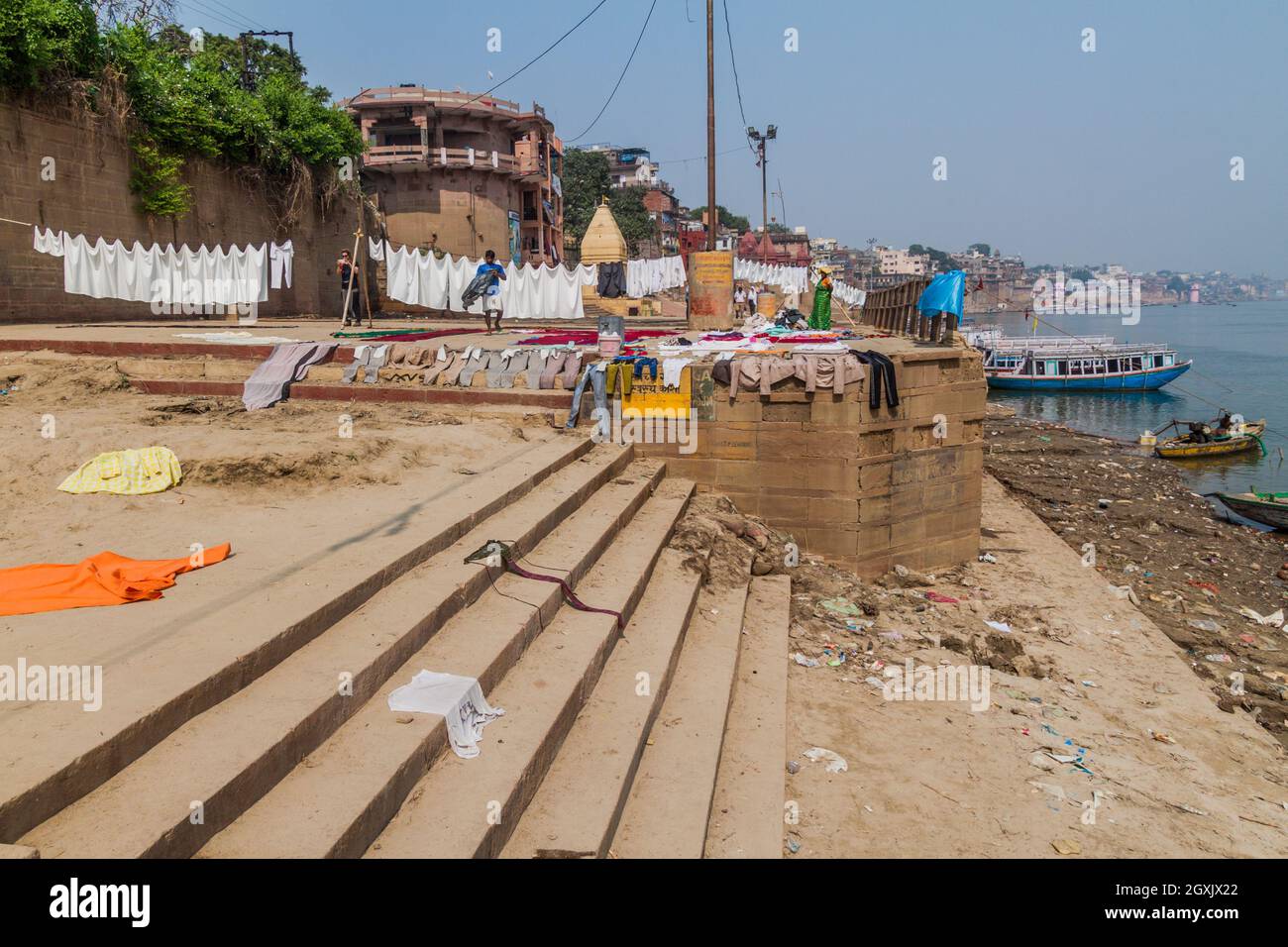 VARANASI, INDIA - OCTOBER 25, 2016: View of Ghats riverfront steps ...
