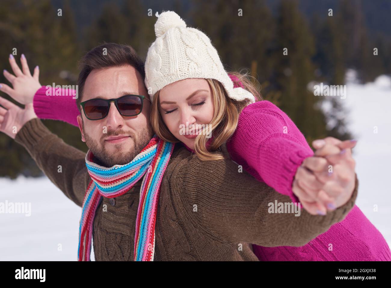 portrait of happy young romantic tourist couple outdoor in nature at ...