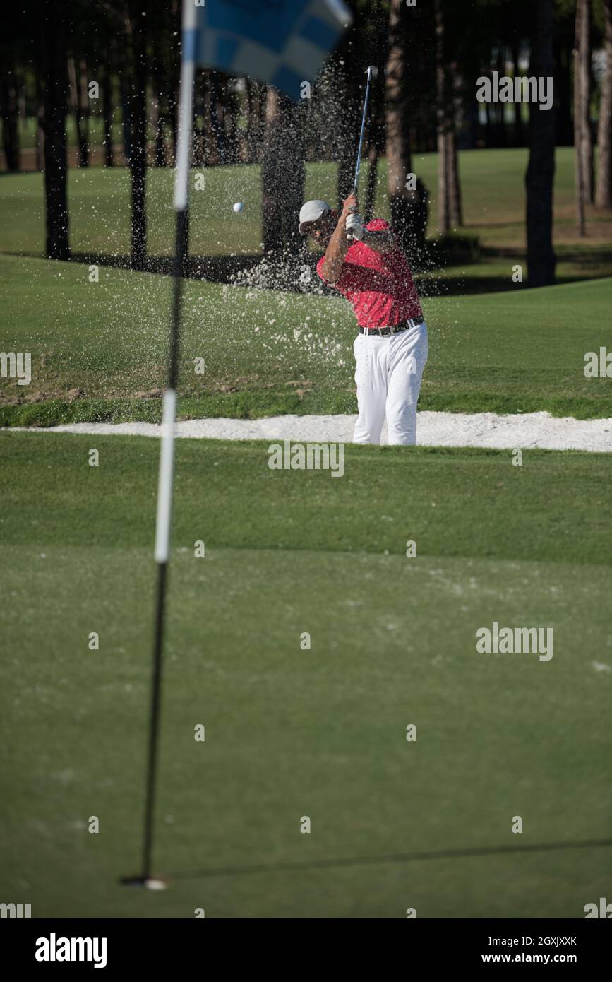 golf player shot ball from sand bunker at course Stock Photo - Alamy