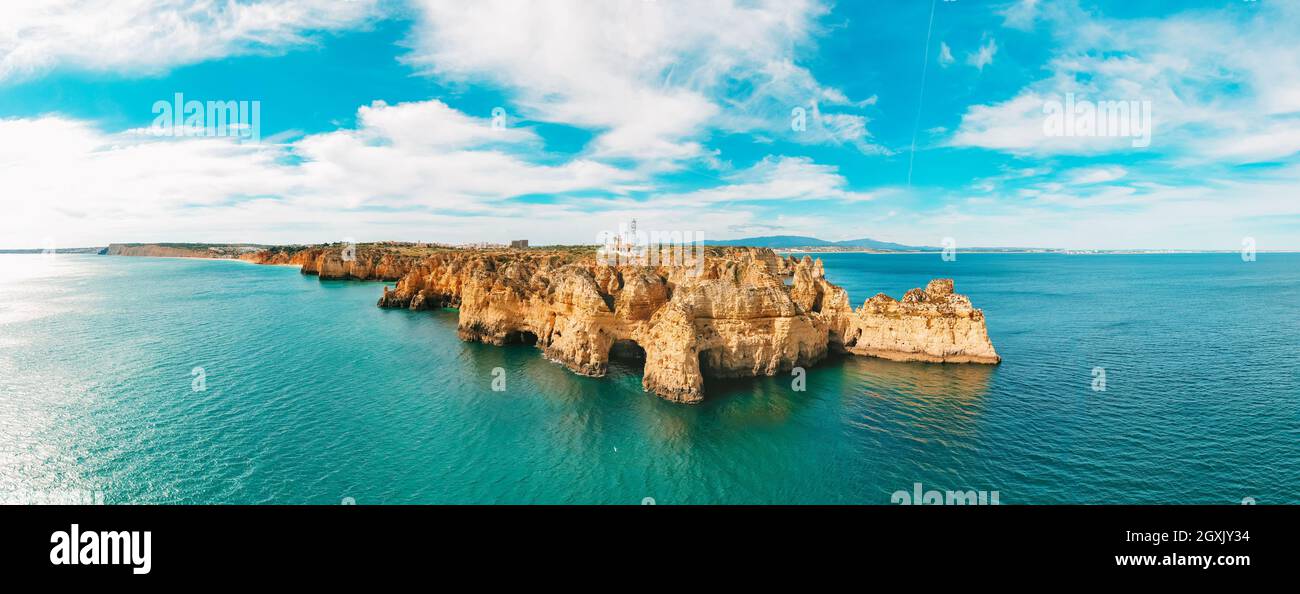 Aerial panoramic view of Lighthouse of Cabo De Sao Vicente or Cape of ...