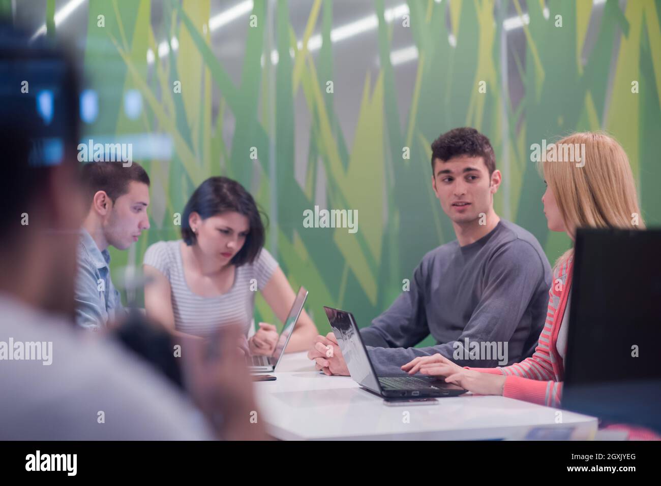 students group study together in school classroom and working together ...