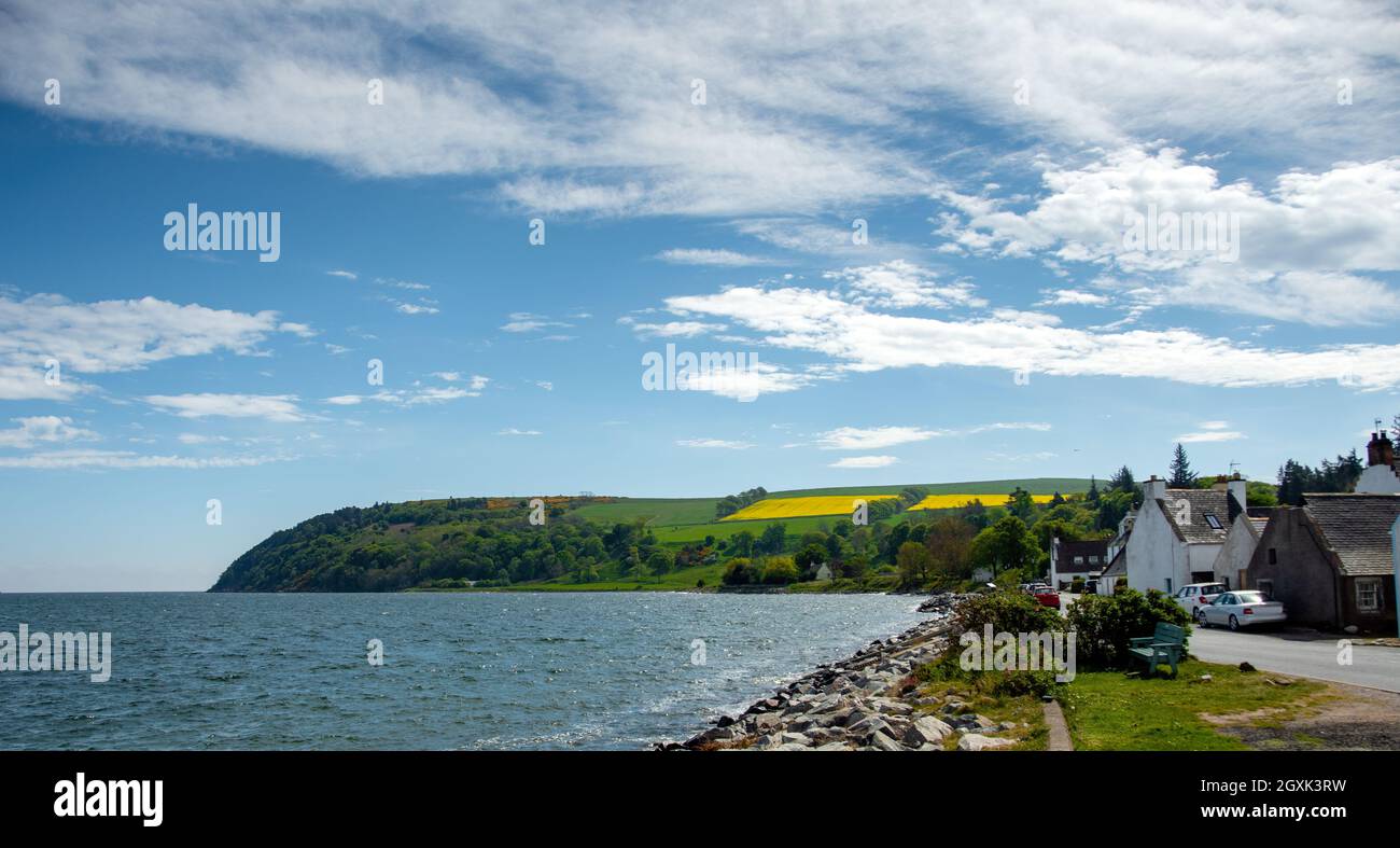 Coastal villagescape and farmed fields, Cromarty, Highlands, Scotland ...