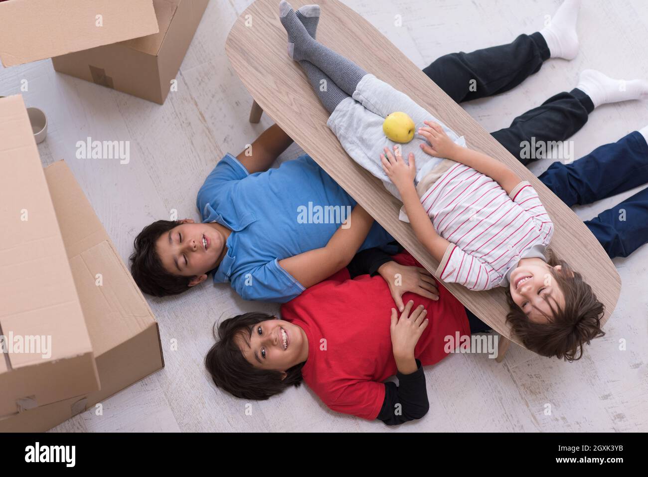 portrait of happy young boys with cardboard boxes around them in a new ...