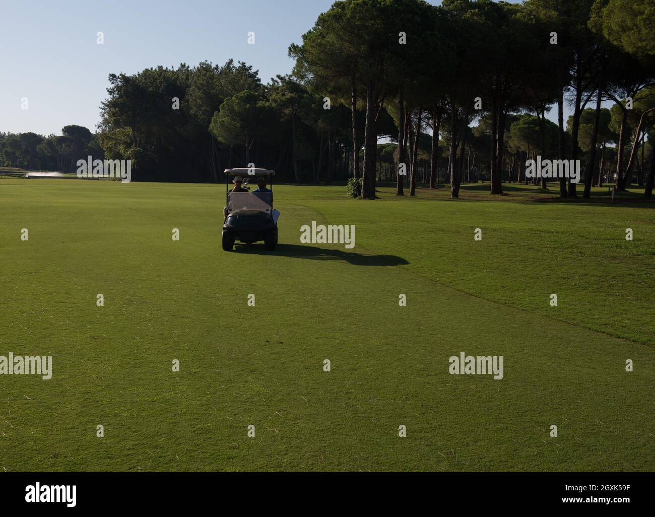 golf players driving cart at course on beautiful morning sunrise ...