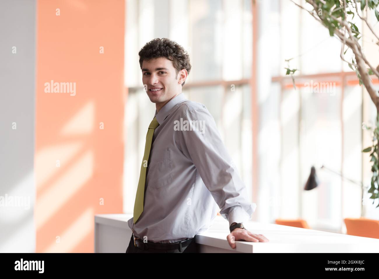 portrait of successful young business man at modern office interior ...
