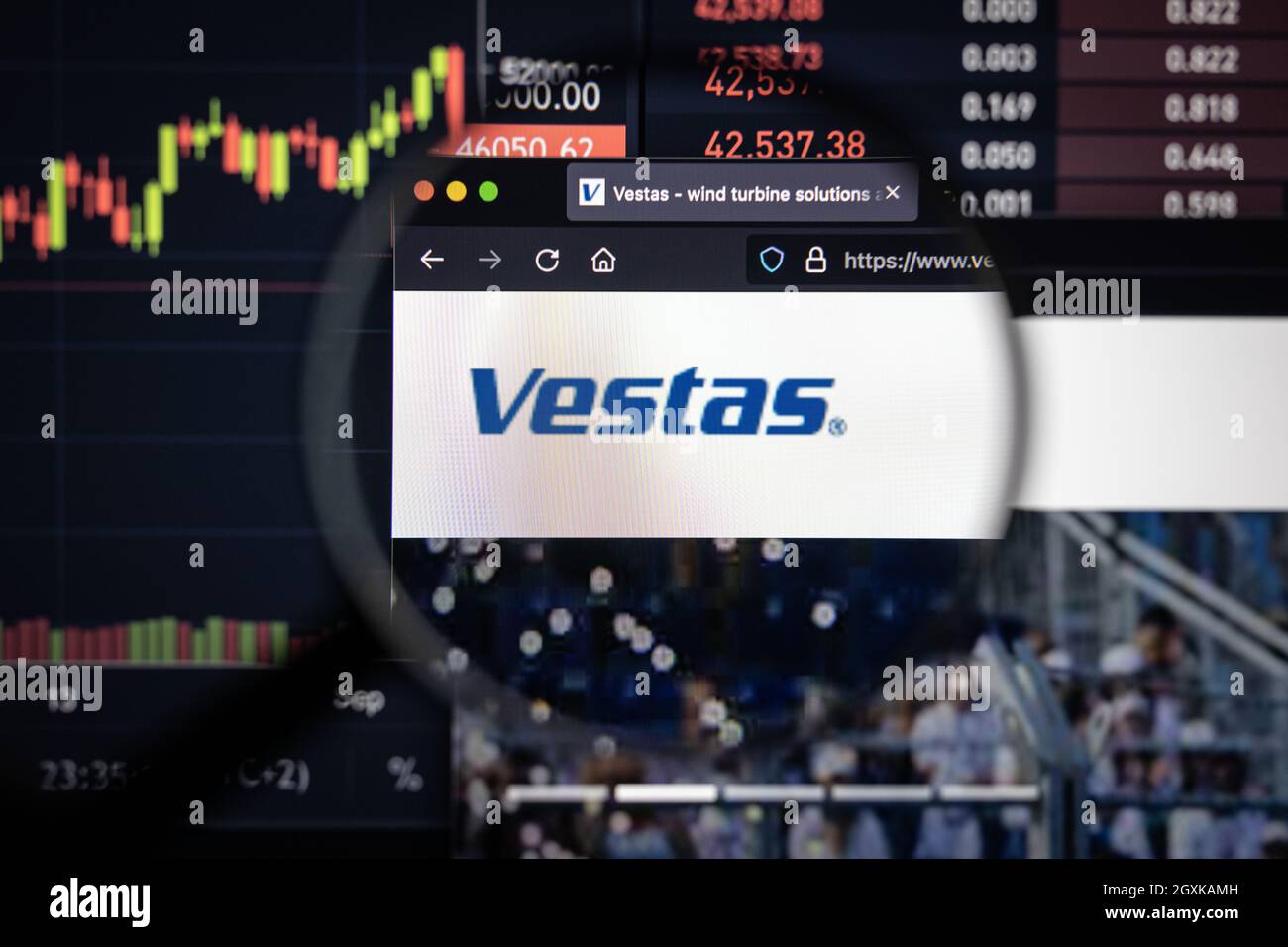 Vestas company logo on a website with blurry stock market developments in the background, seen ...