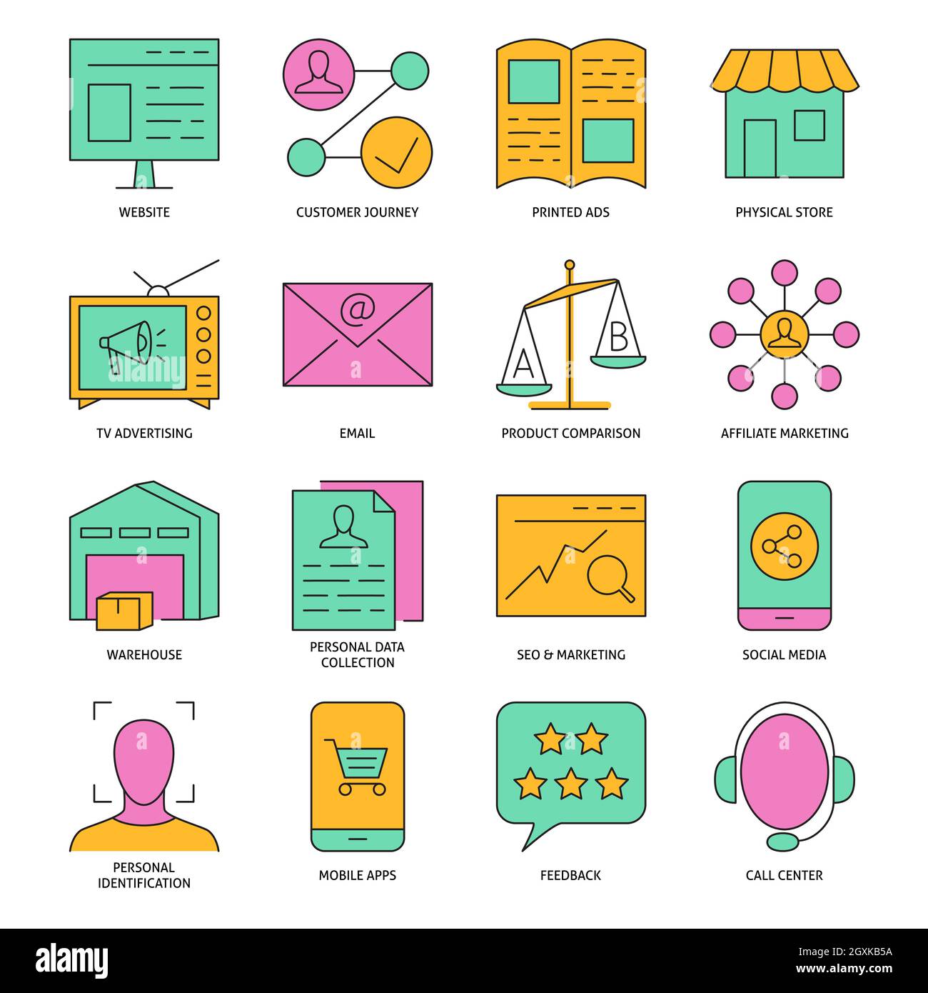 Omni-channel marketing icon set in colored line style. Vector ...