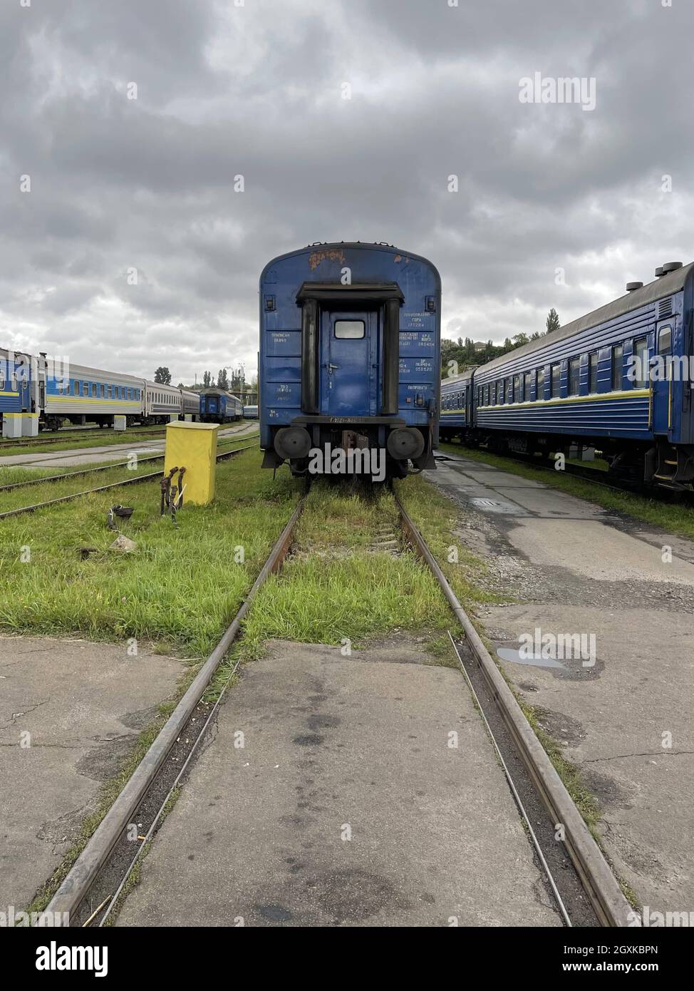Kyiv (Ukraine). 09-27-2021. Old blue train on railway tracks under ...