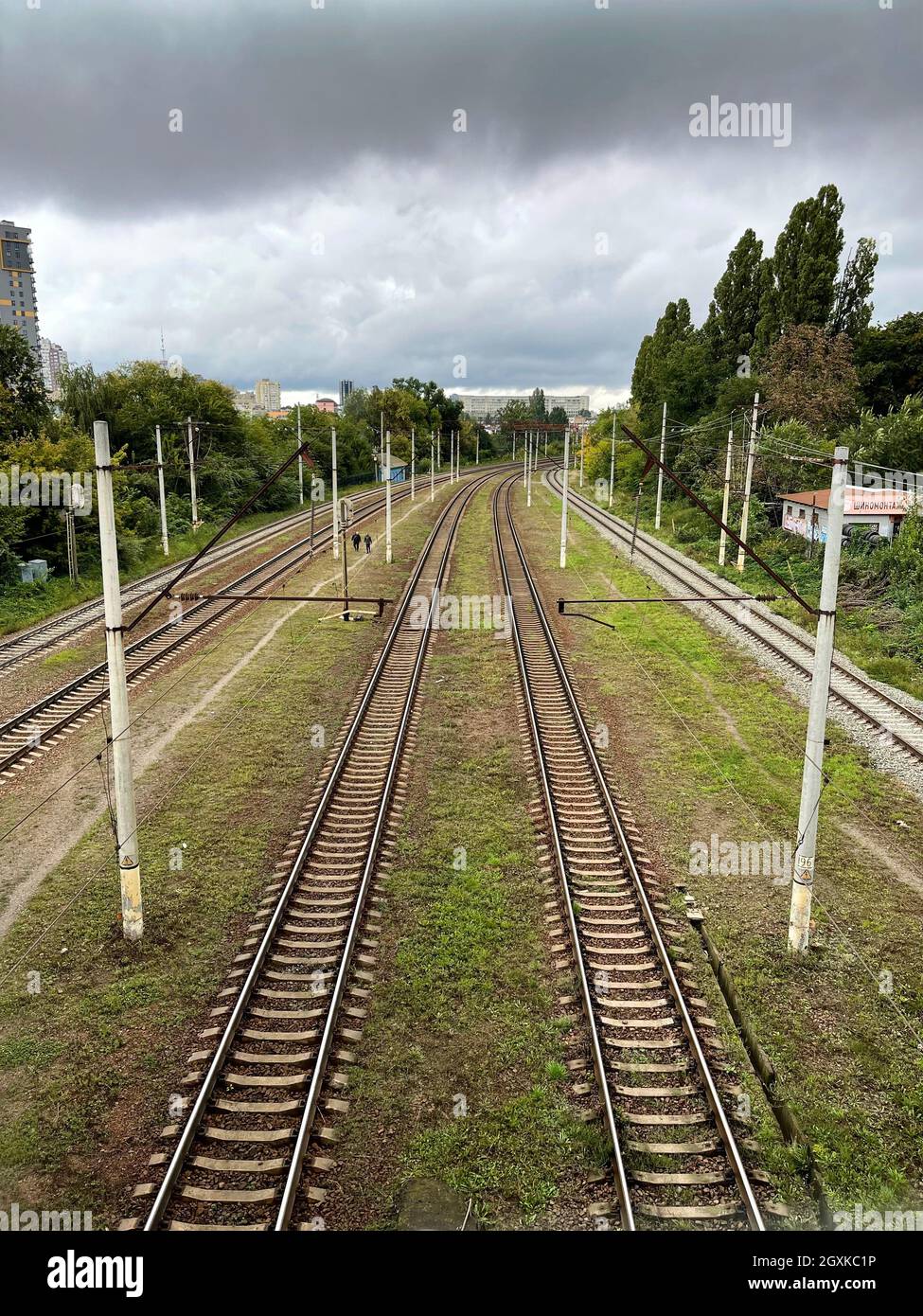 Vertical top shot of railroad tracks in the grass Stock Photo - Alamy
