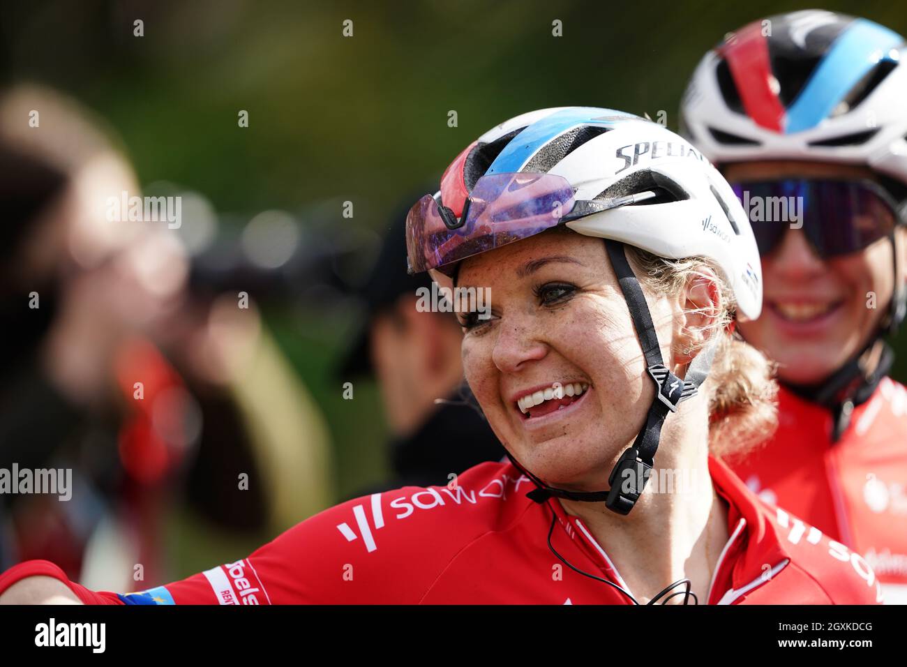 Amy Pieters of team SD Worx after winning stage two of the AJ Bell Women's Tour in Walsall, UK ...