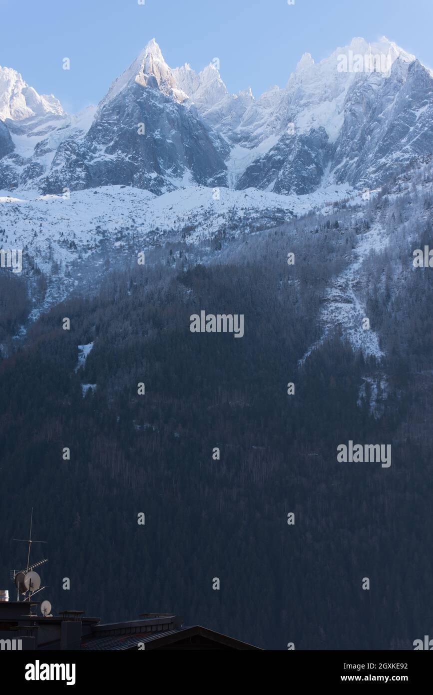 French alps mountain peaks covered with fresh snow. Winter landscape ...