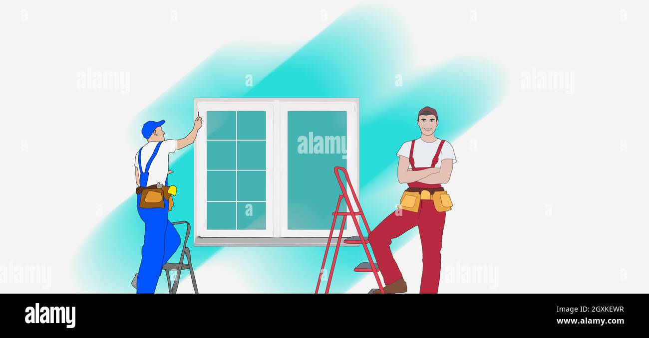 Plastic windows install and repair service. Installer worker in uniform ...