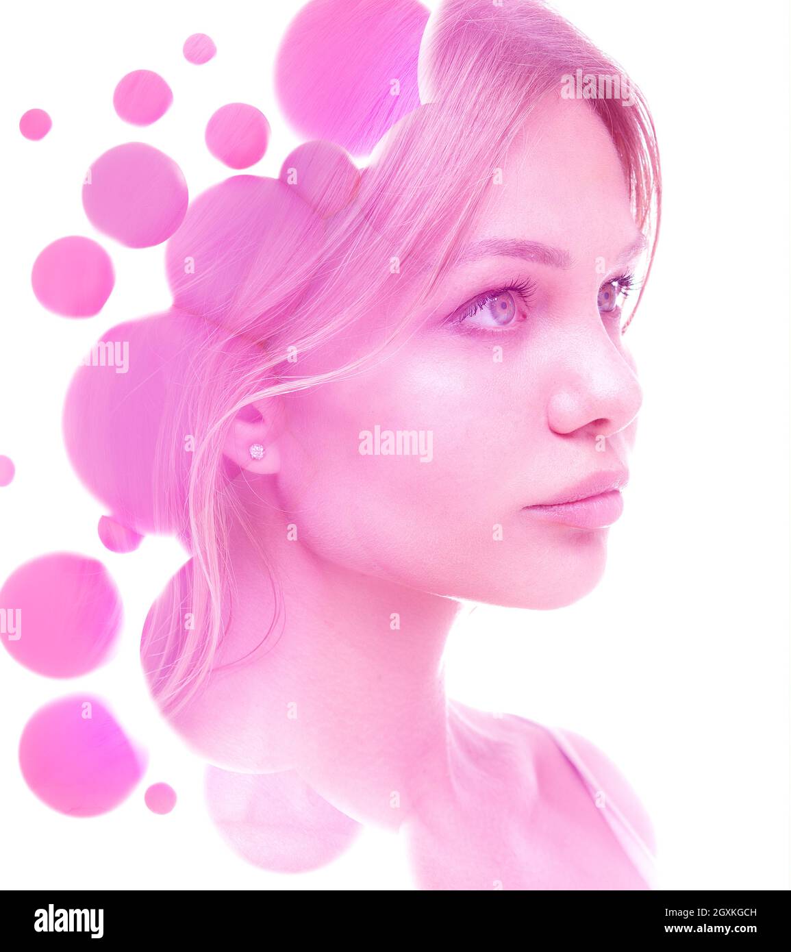 A portrait of young woman combined with floating 3D spheres Stock Photo ...