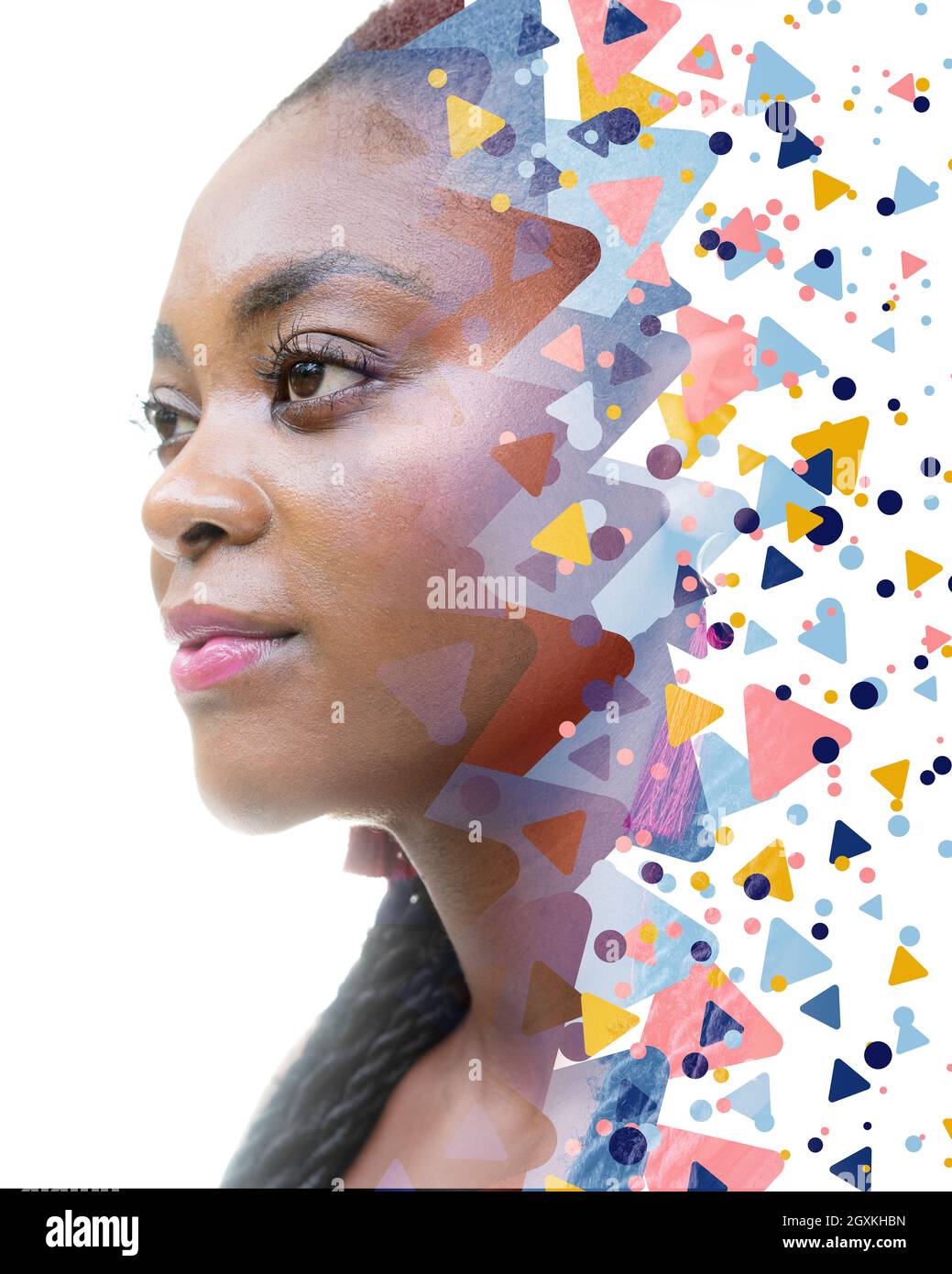 A portrait of a woman combined with triangle figures in a double ...