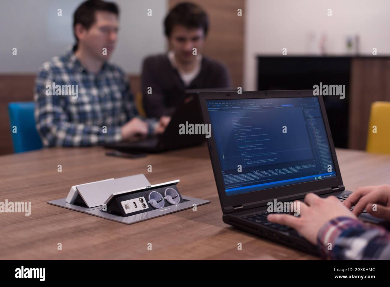 software developer writing programming code on laptop computer Stock ...