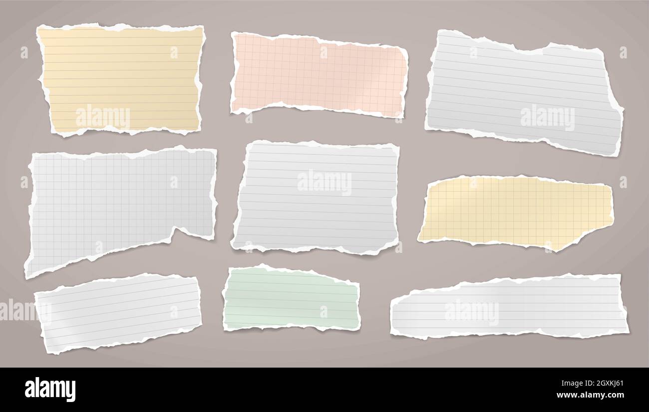 Set of torn colorful and white, lined note, notebook paper stripes are ...