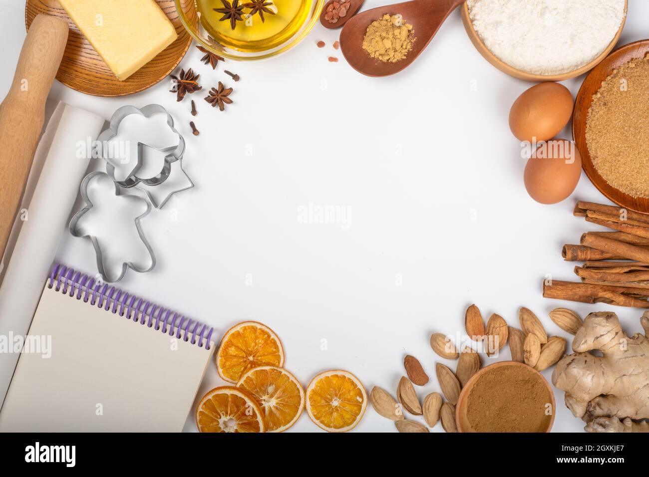Christmas gingerbread cookies cooking background flat lay top view ...