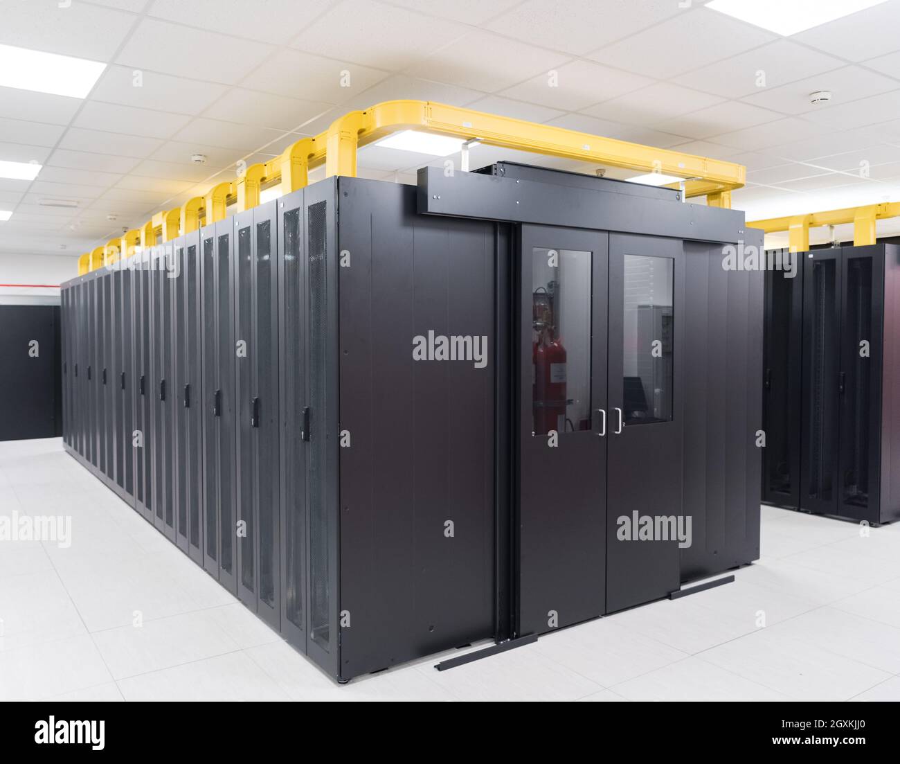 modern server room with black servers and hardwares in a internet data ...