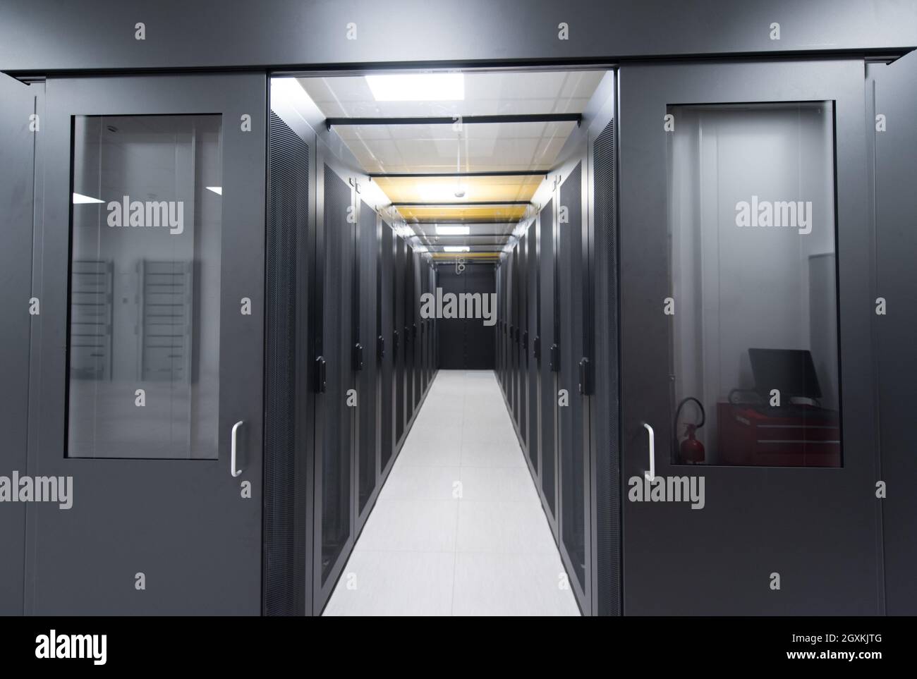modern server room with black servers and hardwares in a internet data ...