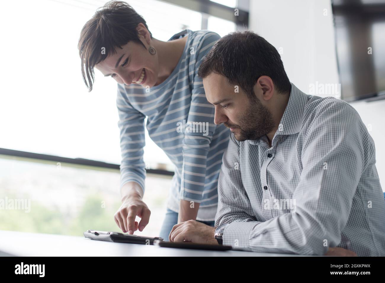 two business people preparing for next meeting and discussing ideas ...