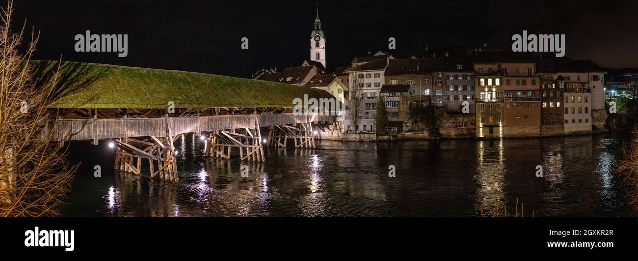 Covered wooden bridge over the Aare in Olten historical center, by ...