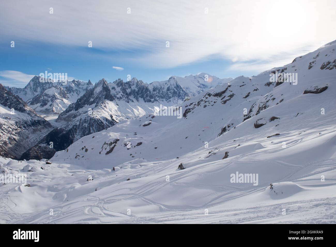 French alps mountain peaks covered with fresh snow. Winter landscape ...