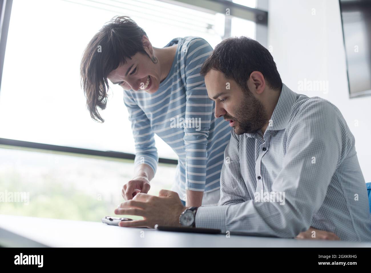 two business people preparing for next meeting and discussing ideas ...
