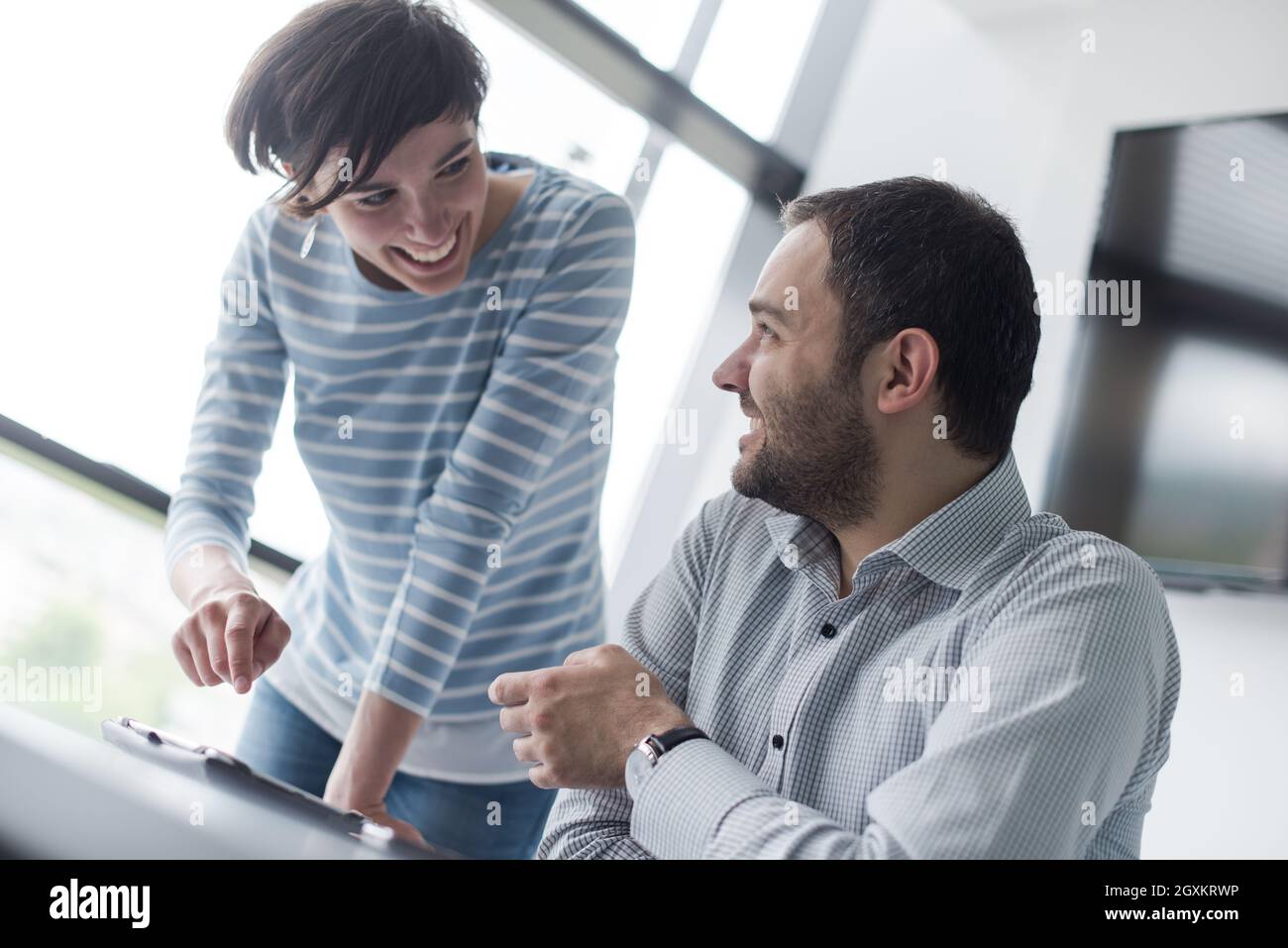 two business people preparing for next meeting and discussing ideas ...