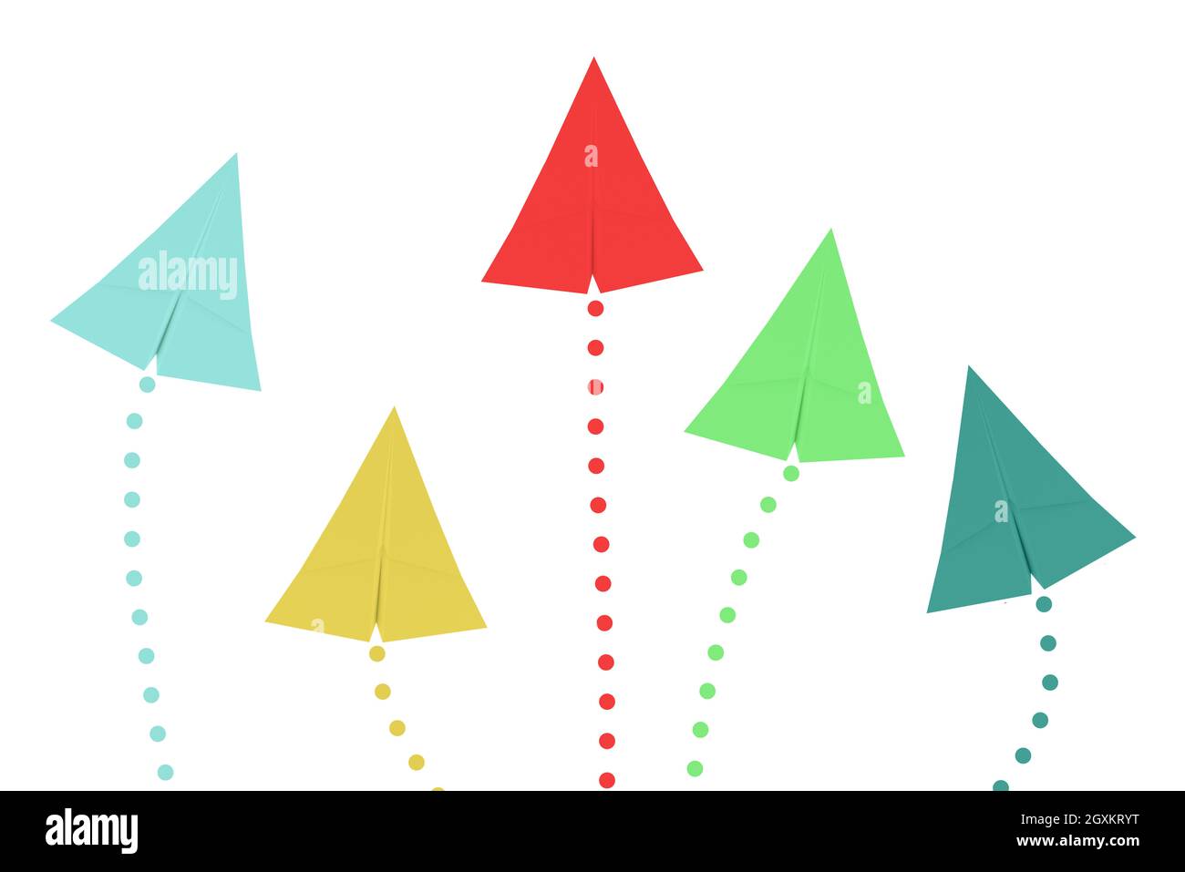 Paper airplanes in different colors on a white background, standing out ...