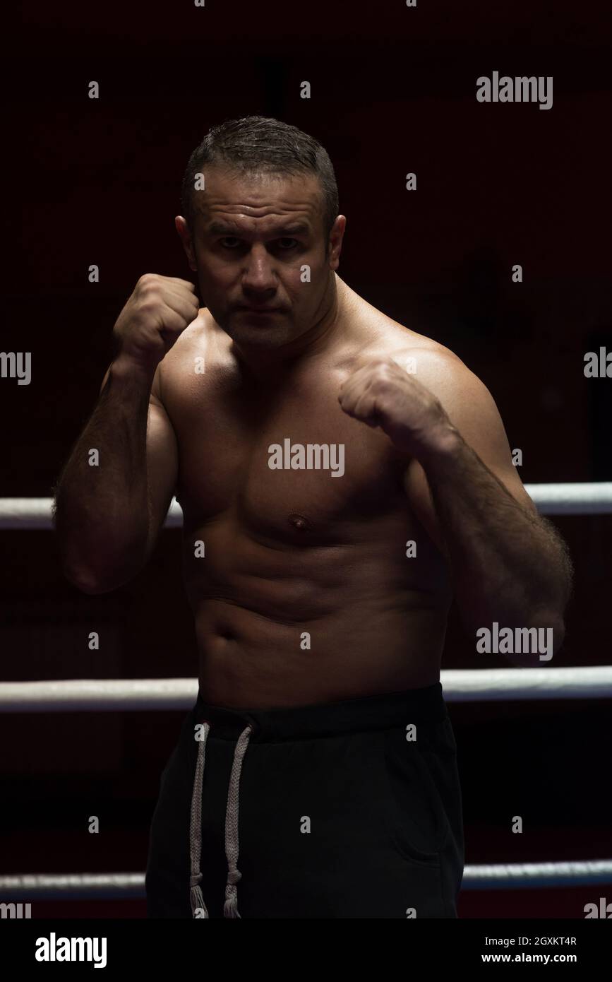 professional kickboxer with hands in martial arts position training for ...