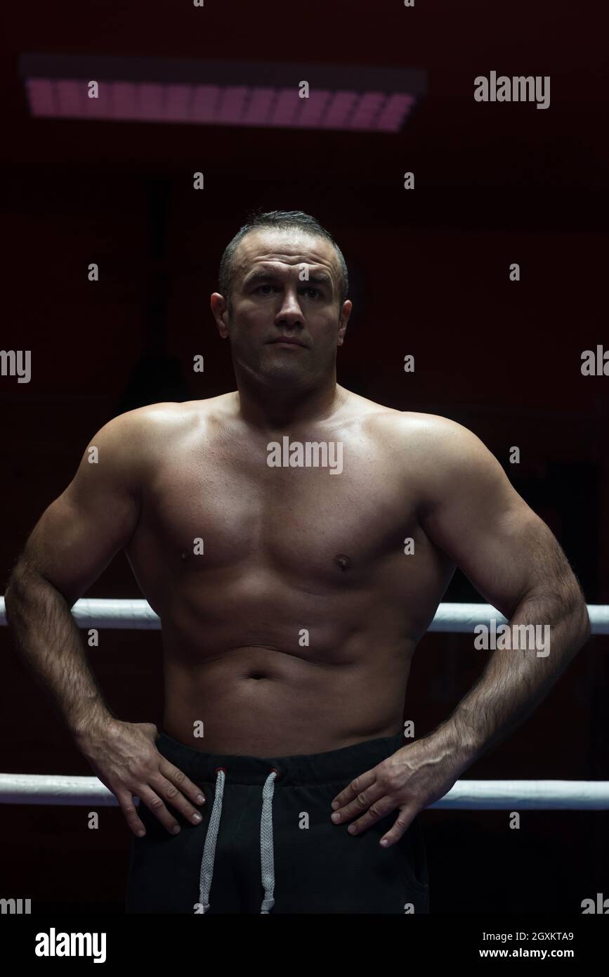 portrait of muscular professional kickboxer who standing in the ring ...