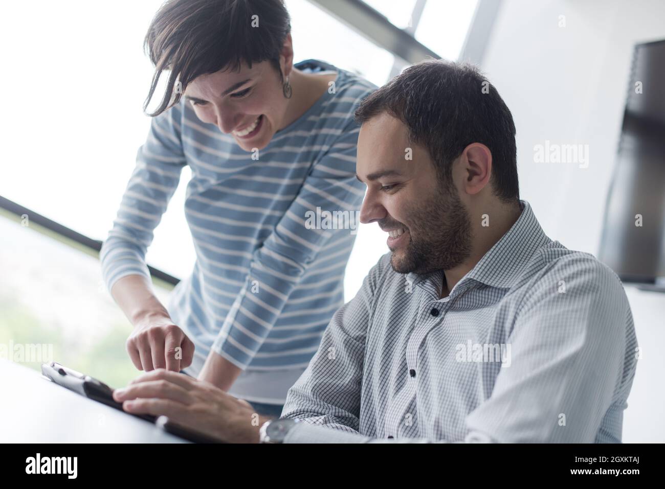 two business people preparing for next meeting and discussing ideas ...