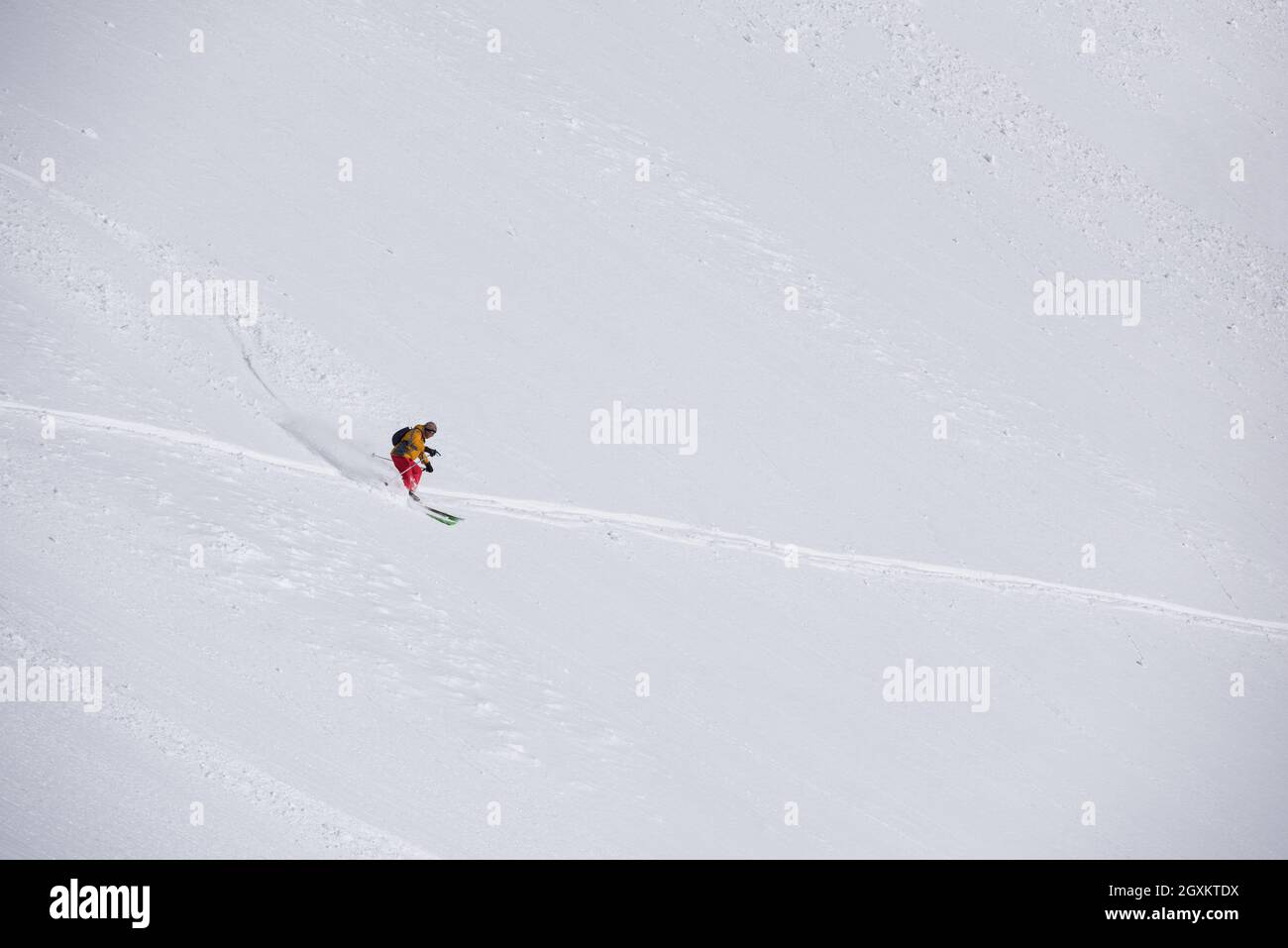 extreme freeride skier skiing on fresh powder snow in downhill at ...