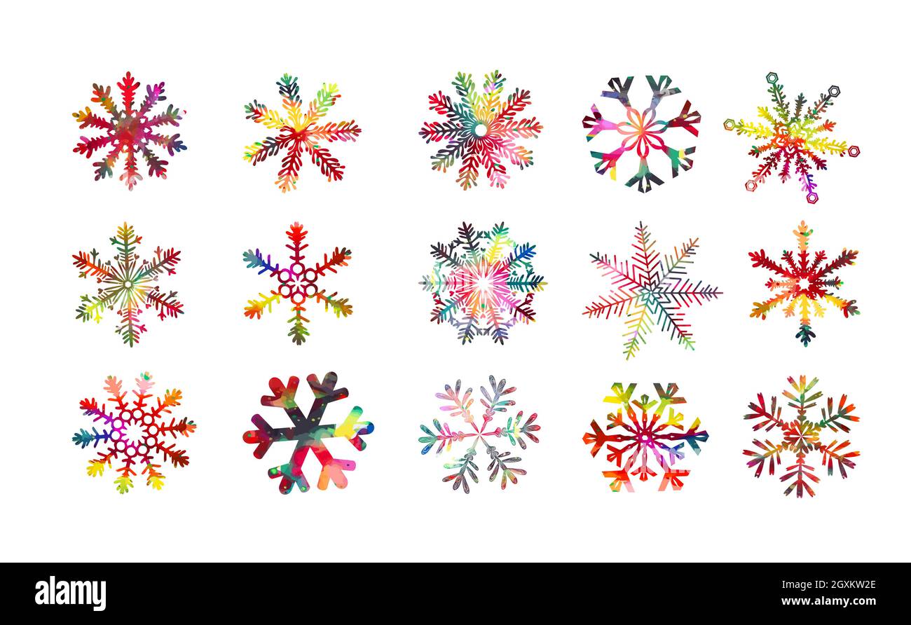 Set of multi-colored beautiful snowflakes objects. Vector illustration ...