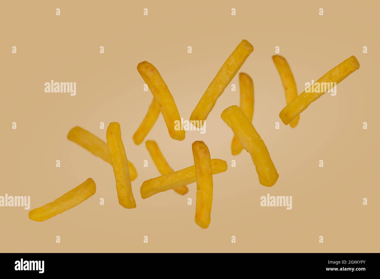 Minimal idea with french fries or fried potatoes flying in air. Fast ...