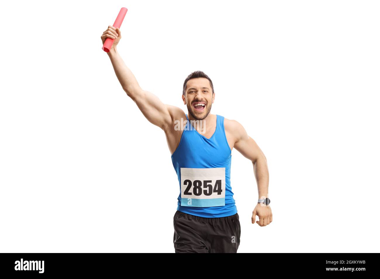 Happy man running a relay race with a baton in his hand isolated on ...