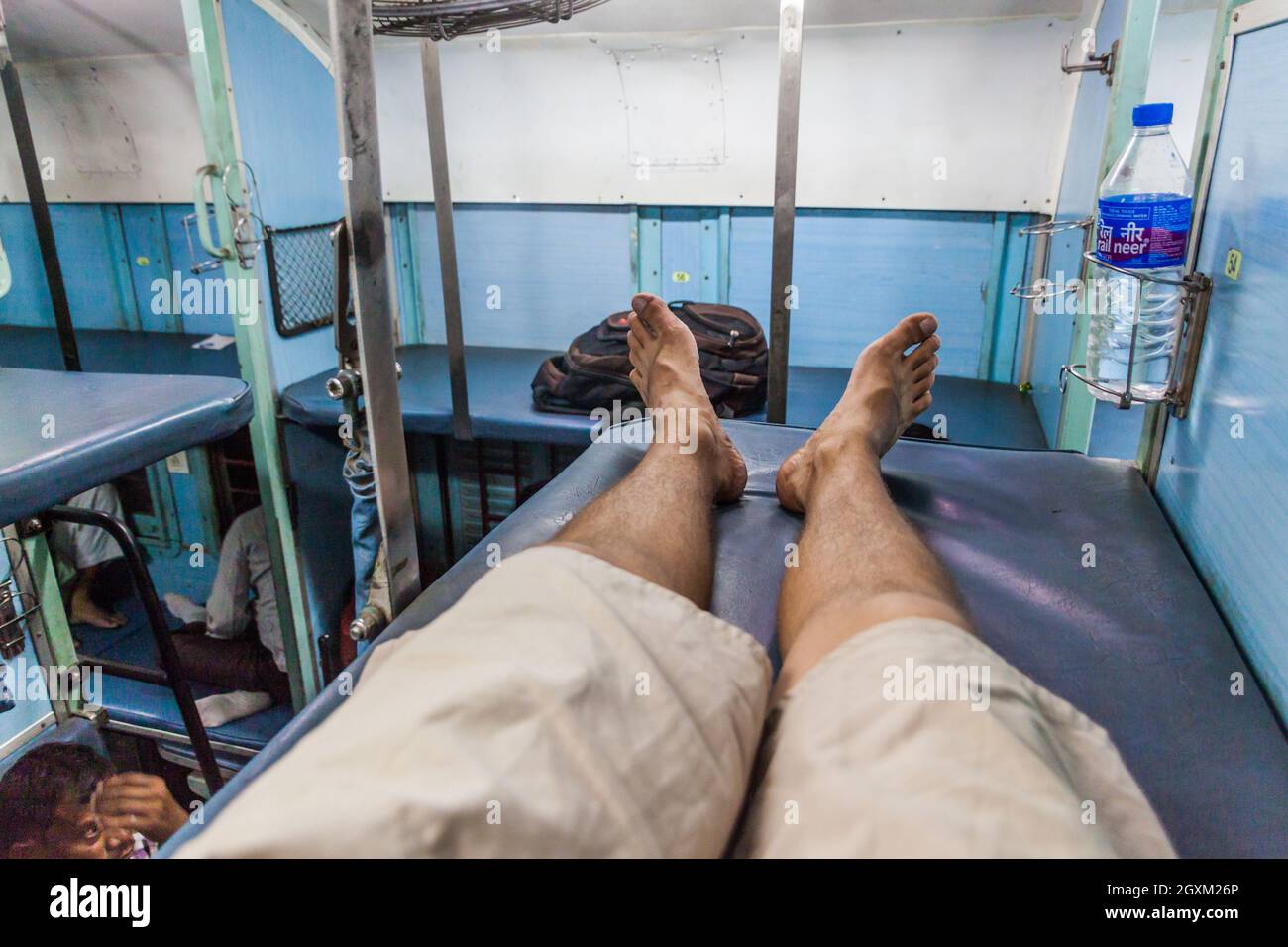 DELHI, INDIA - OCTOBER 24, 2016: Interior of Sleeper Class train India ...