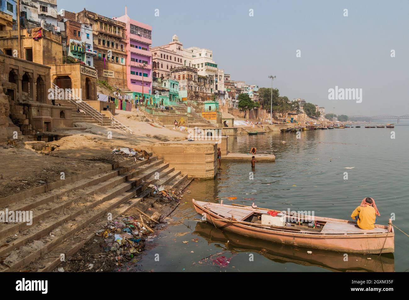 VARANASI, INDIA - OCTOBER 25, 2016: View of Lal Ghat riverfront steps ...