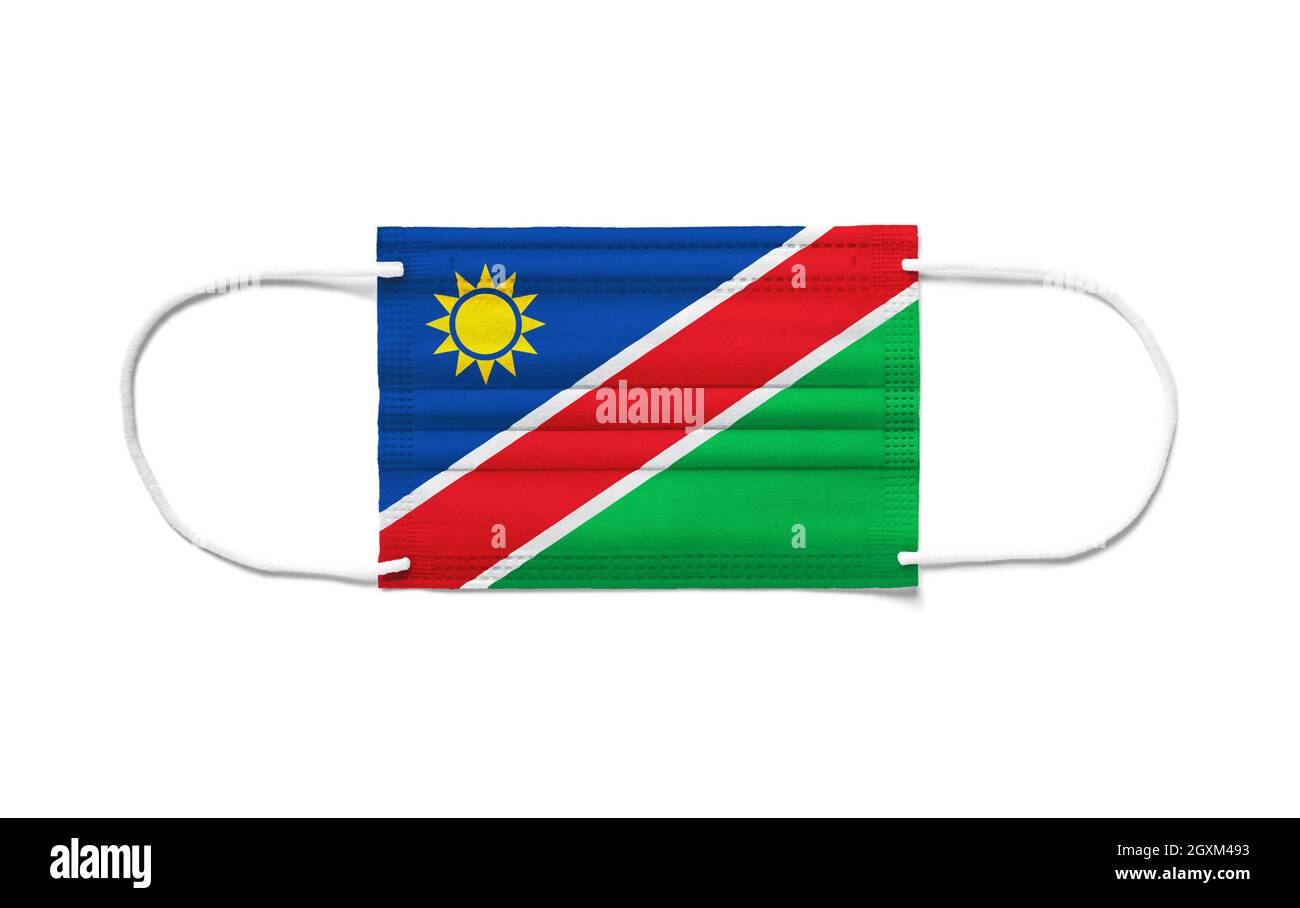 Flag of Namibia on a disposable surgical mask. White background ...