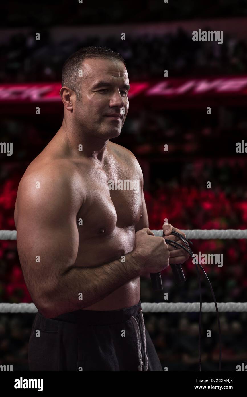 professional kickboxer with hands in martial arts position training for ...