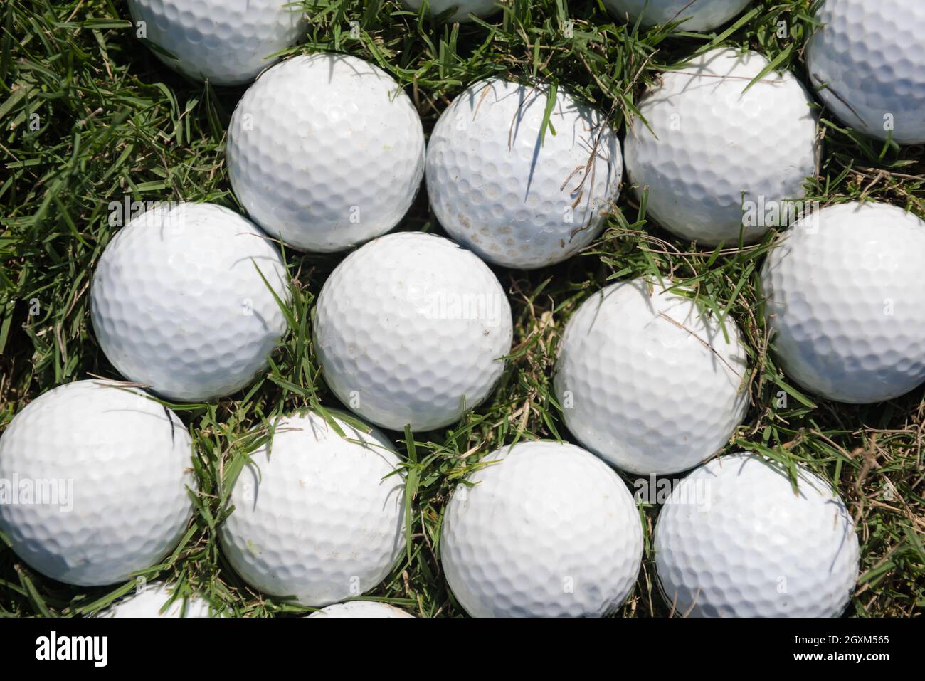 top view flat lay of golf balls with driver on grass background Stock ...