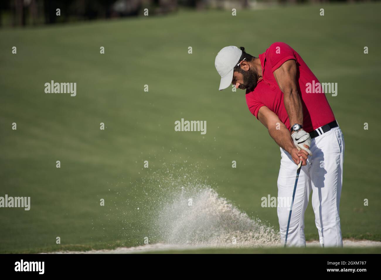 golf player shot ball from sand bunker at course Stock Photo - Alamy