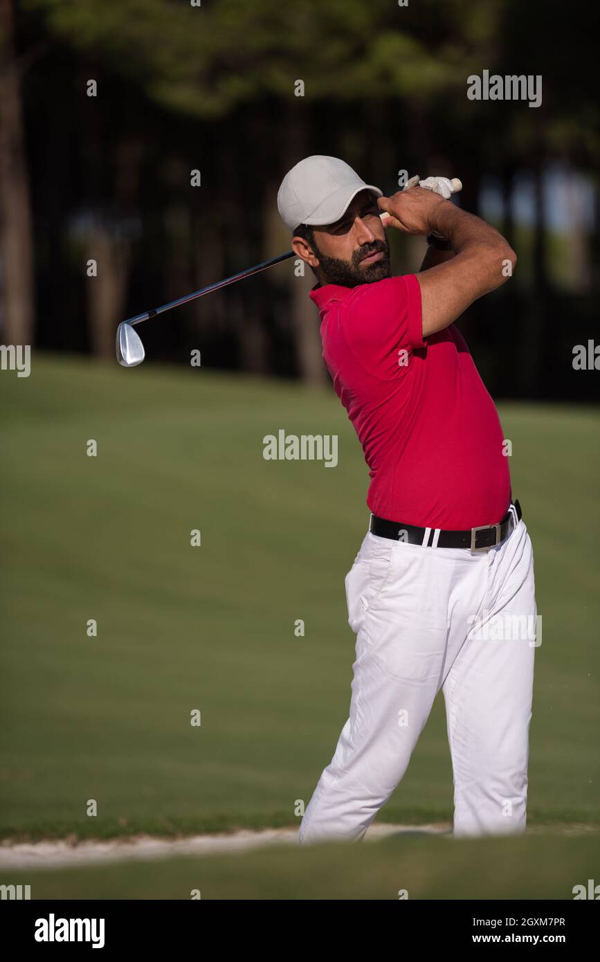 golf player shot ball from sand bunker at course Stock Photo - Alamy