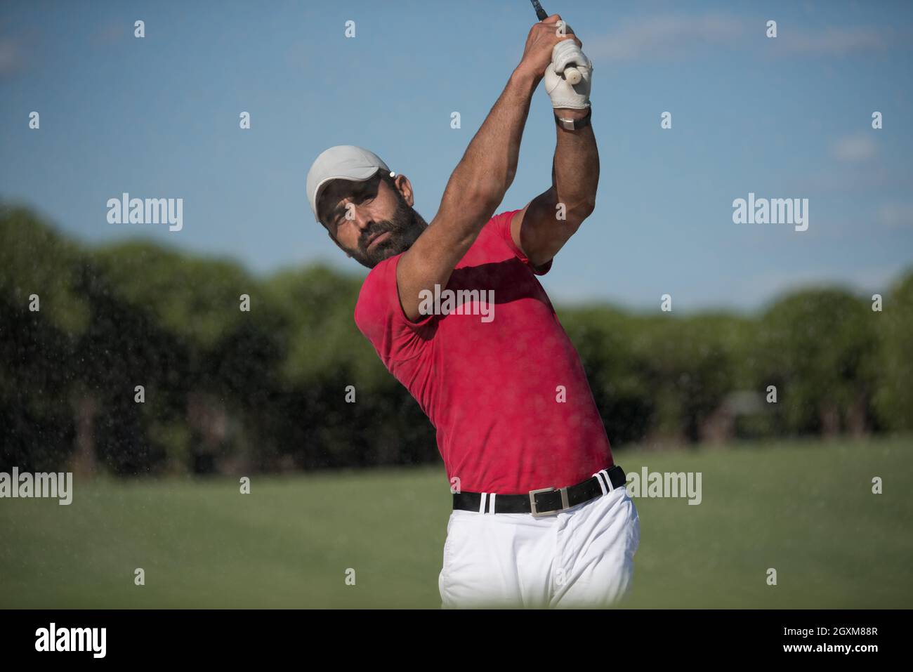 golf player shot ball from sand bunker at course Stock Photo - Alamy