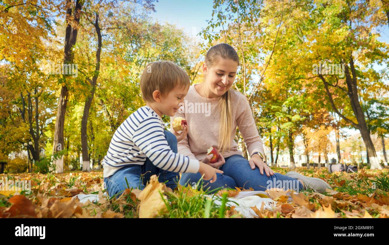 Happ family sitting on fallen yellow leaves at autumn park and eating ...