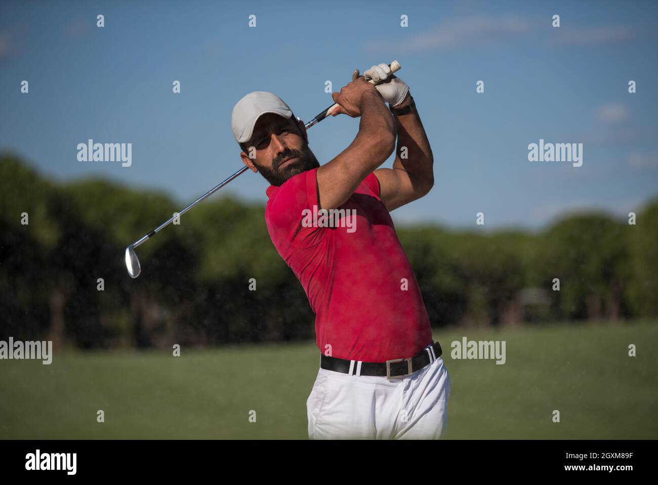 golf player shot ball from sand bunker at course Stock Photo - Alamy