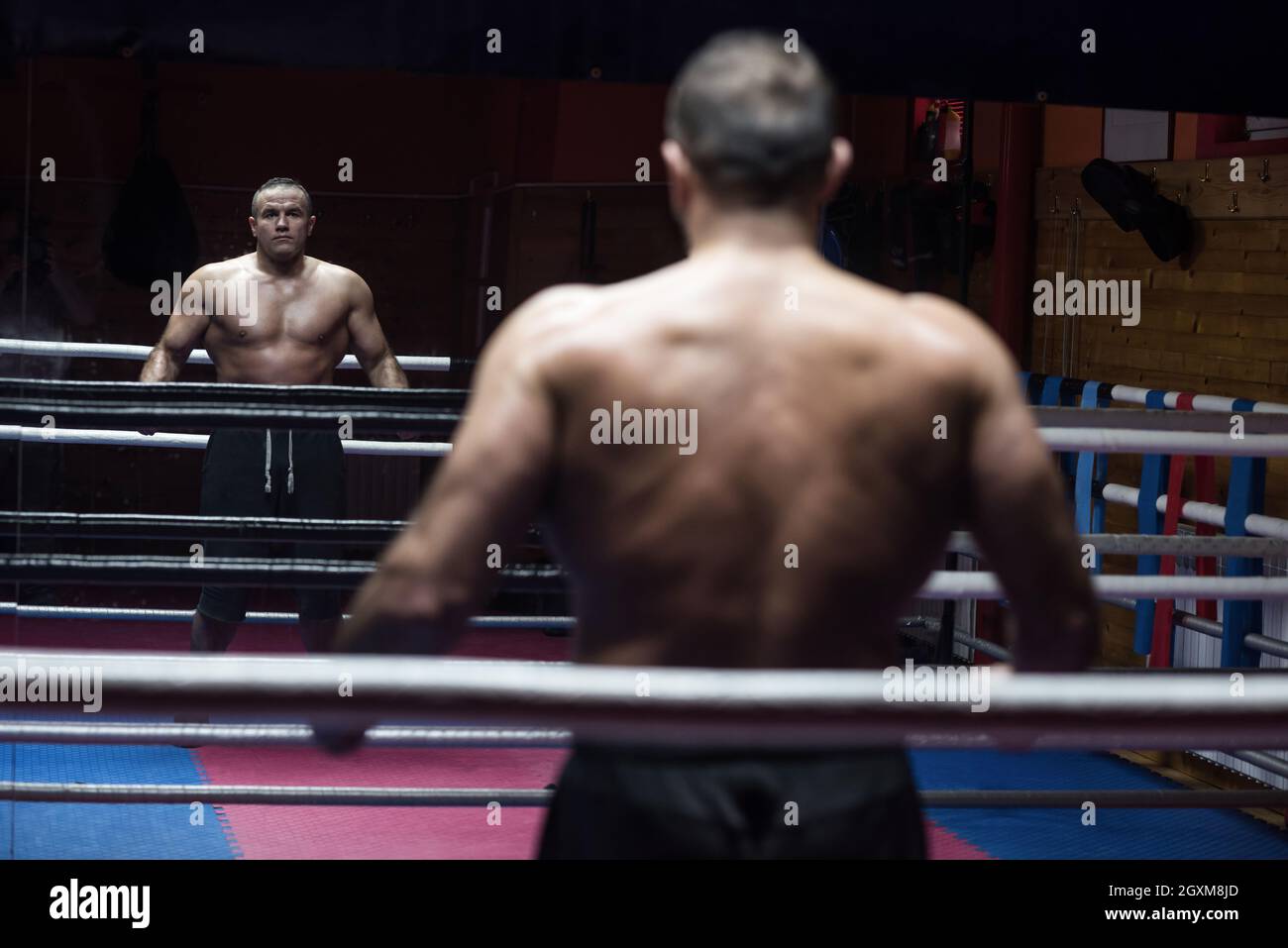 portrait from the back of muscular professional kickboxer who standing ...