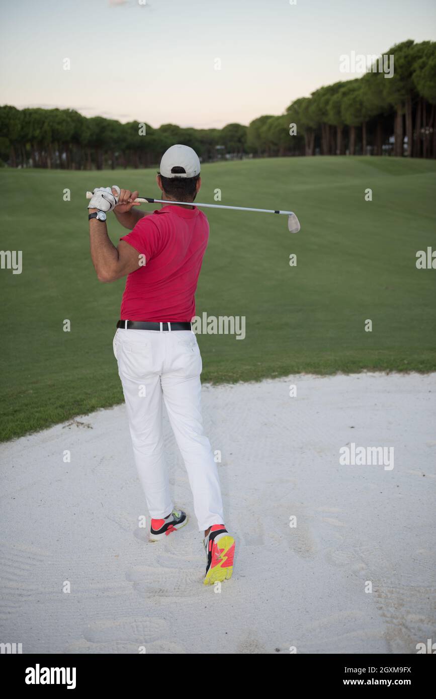 golf player shot ball from sand bunker at course with beautiful sunset ...
