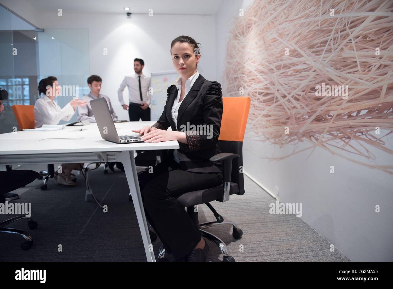 young business woman on meeting usineg laptop computer, blured group of ...